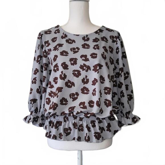 Tops | Melloday Blouse Blue Brown Ruffle Smocked Bell Sleeve Peplum ...